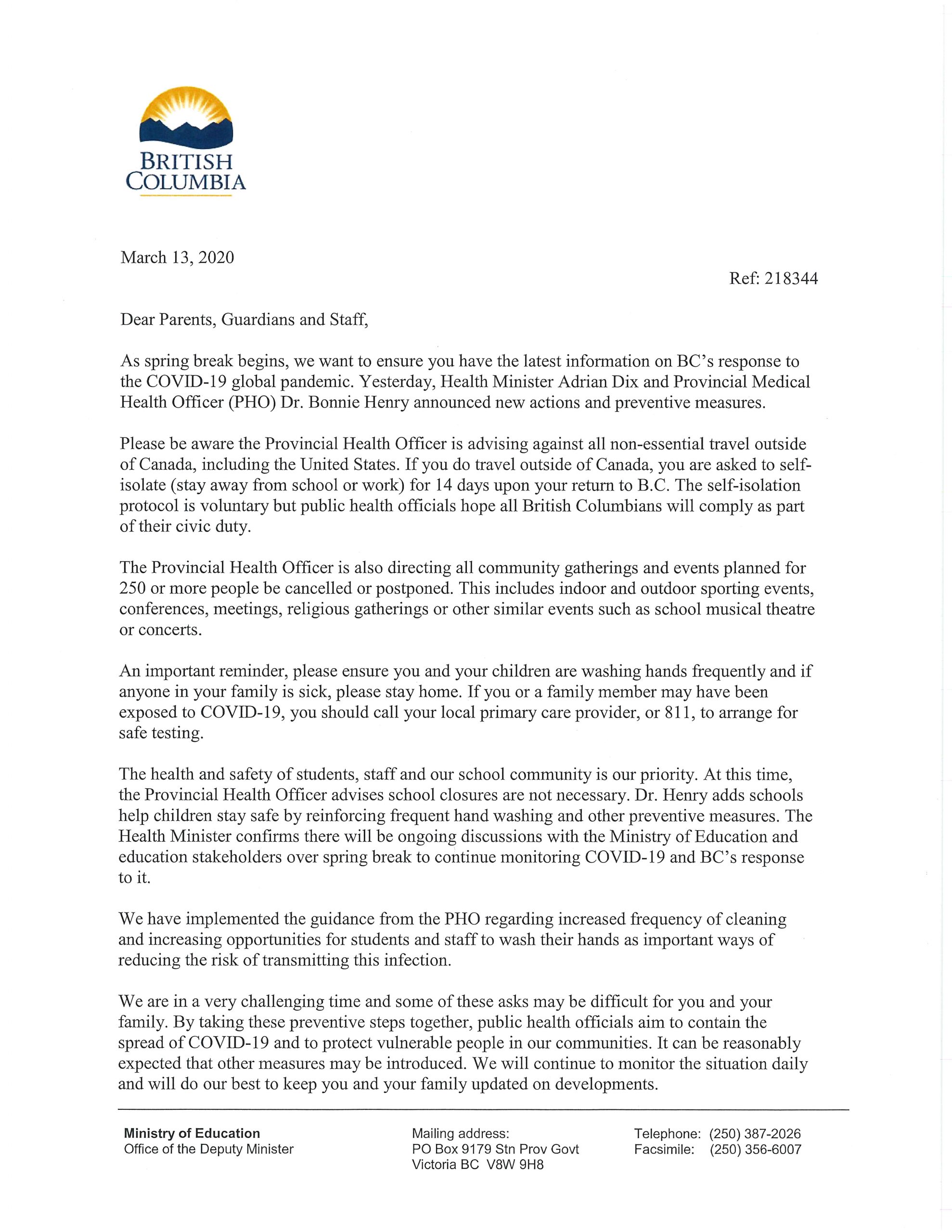 Ministry Updates on Novel Coronavirus (COVID-19) | SD52 Website