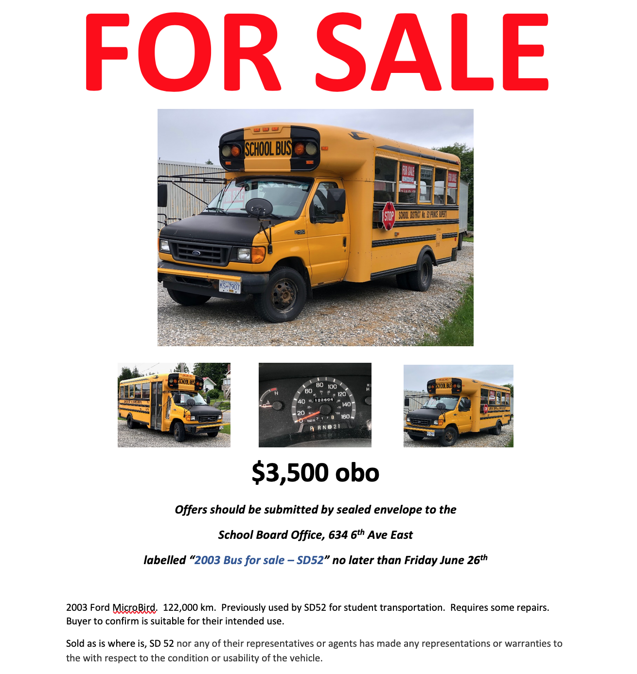 Bus for sale! | SD52 Website