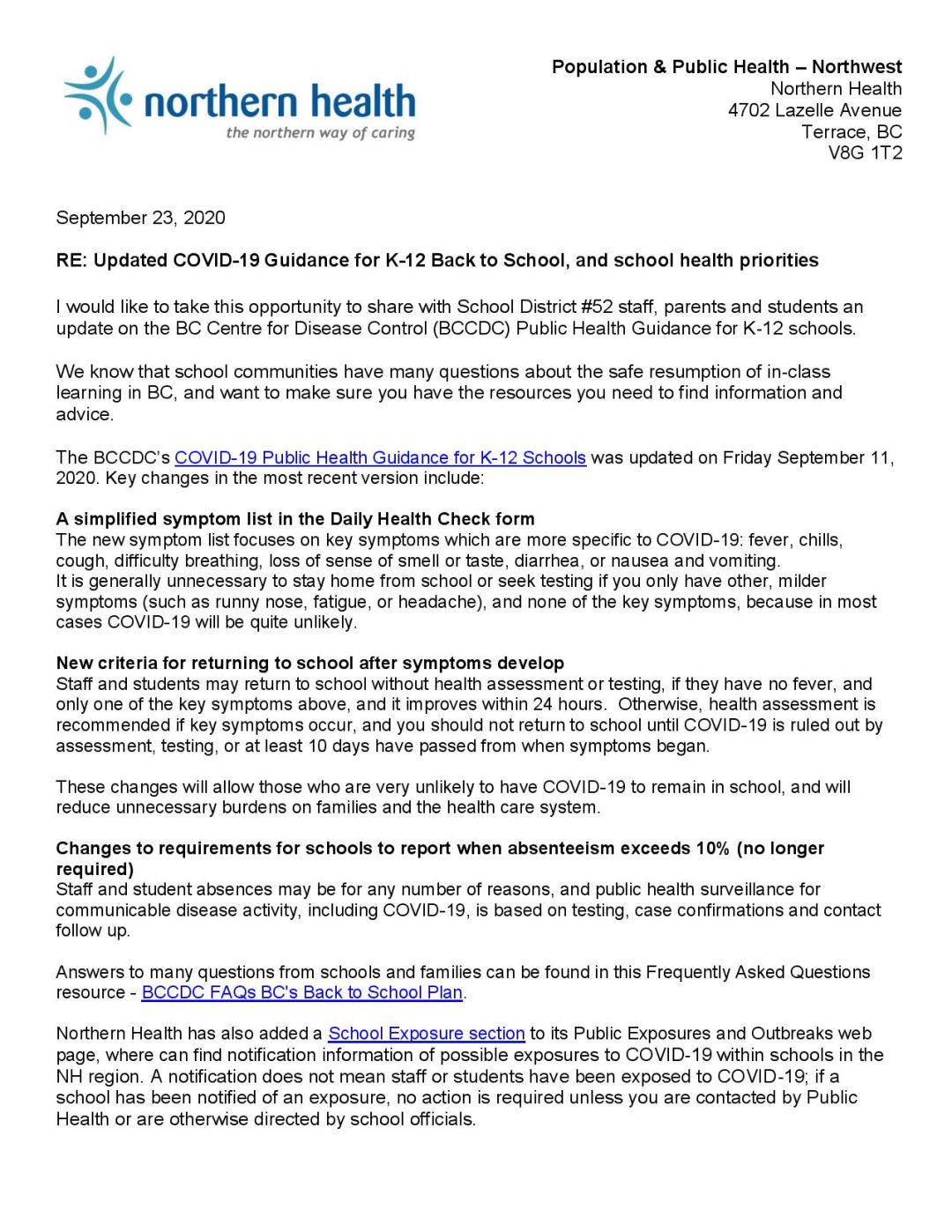 Updated changes to school guidelines COVID-19 | SD52 Website